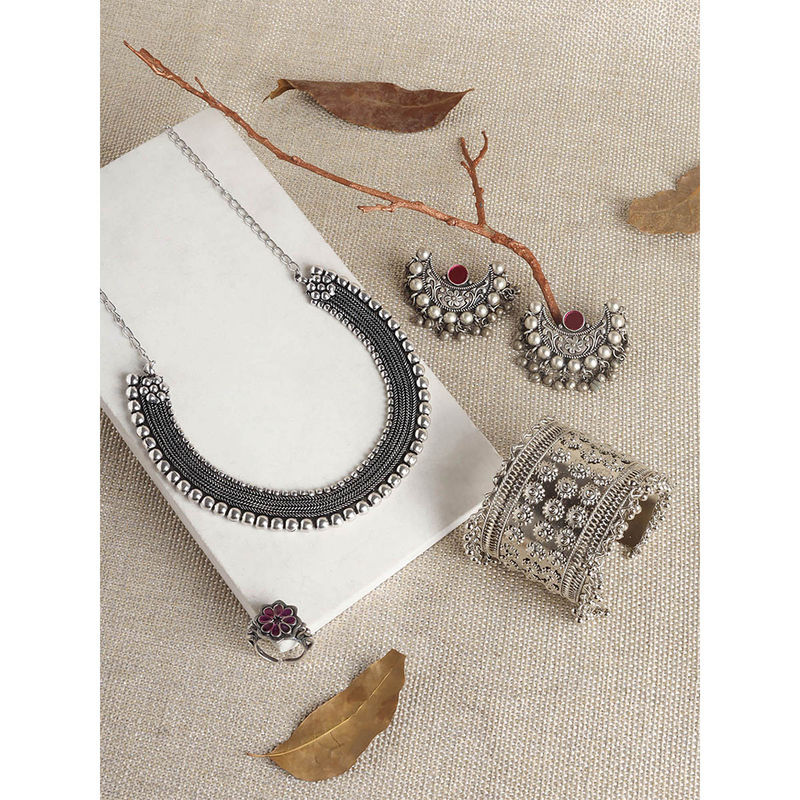 Buy Teejh Devagiri Pink Oxidised Silver Jewellery Set Online