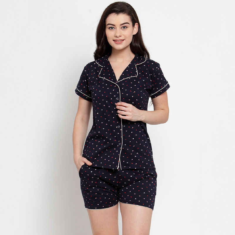 Buy Secret Wish Women's Navy Blue Cotton Printed Nightsuit Online