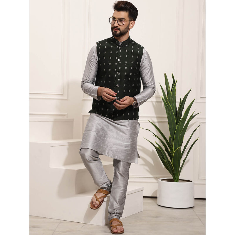 Buy Sojanya Mens Silk Blend Grey Kurta Pyjama & Dark Green Nehru Jacket ...