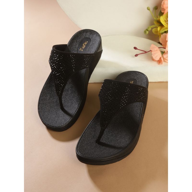 Buy Truffle Collection Black Embellished T-Strap Flats Online