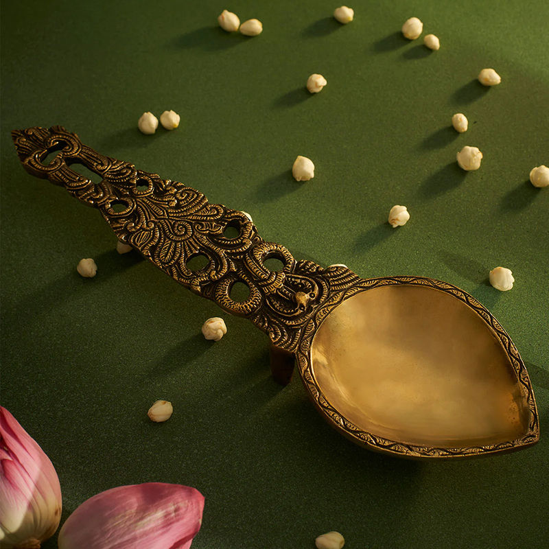 Buy DecorTwist Big Pooja Brass Aarti Havan Chammach Spoon Harathi with ...