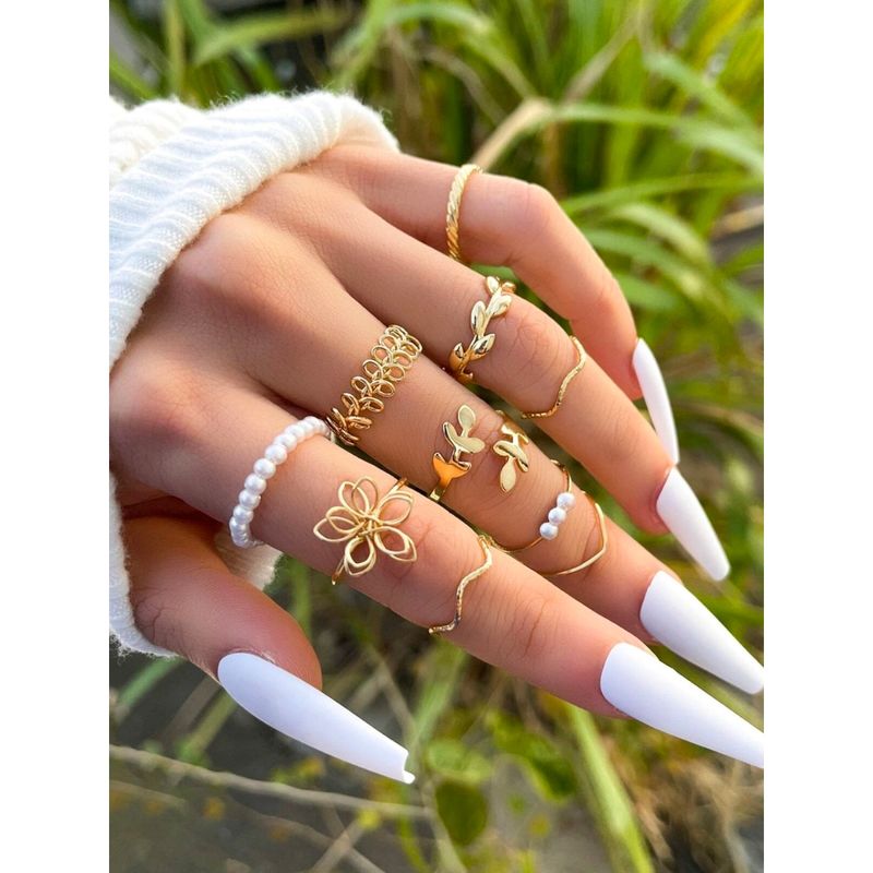 Buy OOMPH Combo Of 10 Gold Tone Pearl Floral Party Fashion Ring Set Online