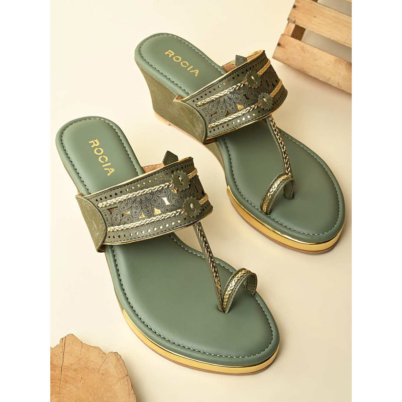 Buy ROCIA Green Women Laser Cut Kolhapuri Wedges Online
