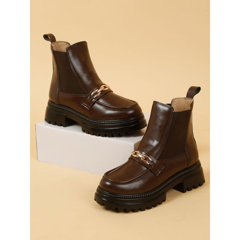 Buy VALIOSAA Brown Gold Chained Casual Chelsea Boots Online