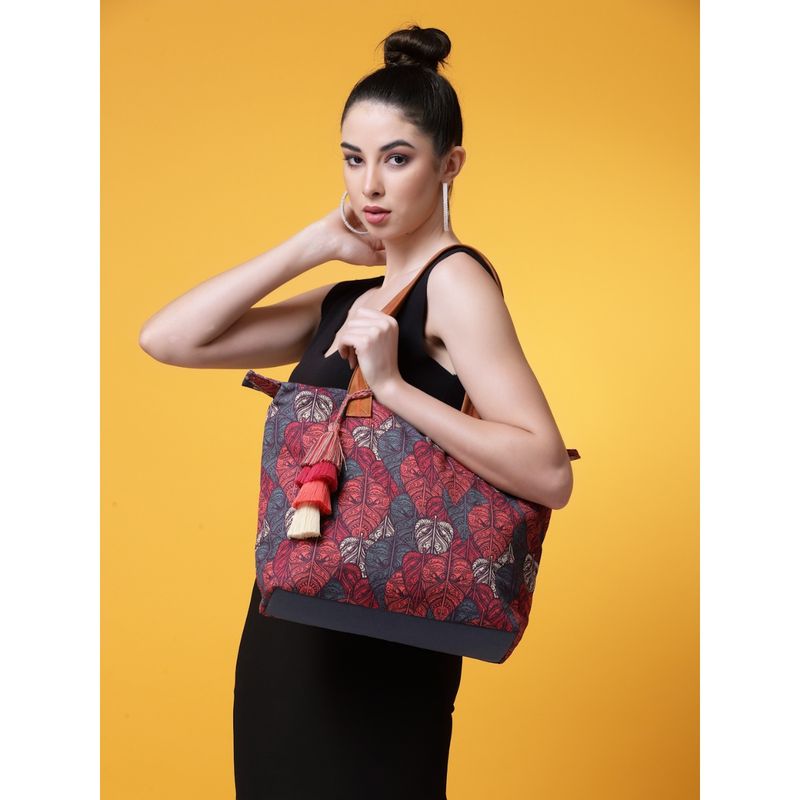 Buy Anekaant Rangoli Navy Blue & Multi Leaf Motif Printed Cotton Canvas ...