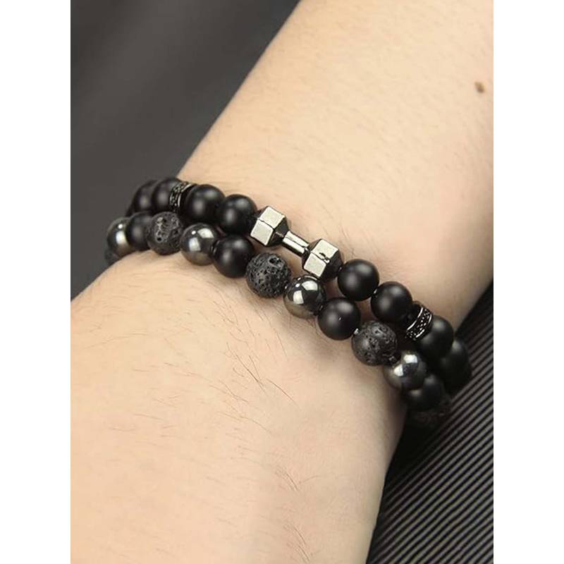 Buy Jewels Galaxy Men Black Volcanic Lava Beads Dumbbell Fitness ...