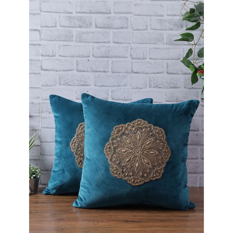 Buy eyda Velvet Blue Color Beaded Cushion Cover Set Of 2-18X18 Inch Online
