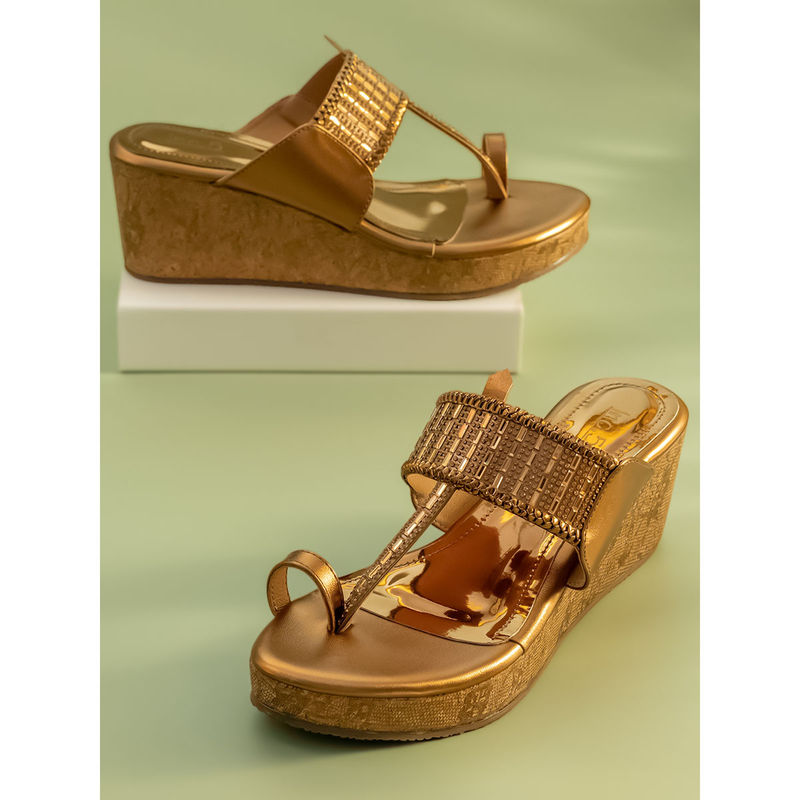 Buy Inc.5 Women Gold Party One Toe Embellished Wedges Online
