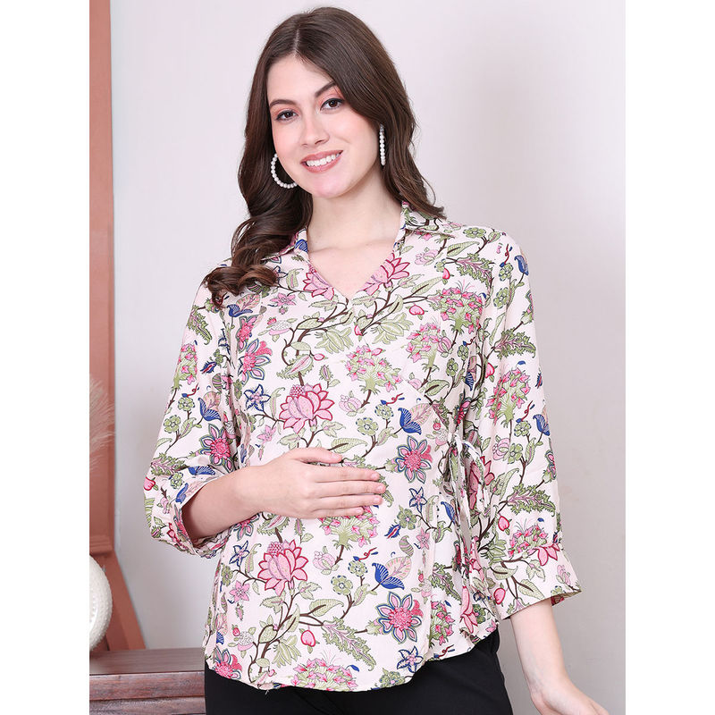 Buy Secret Wish Off White Floral Print Rayon Maternity Wrap Top Online