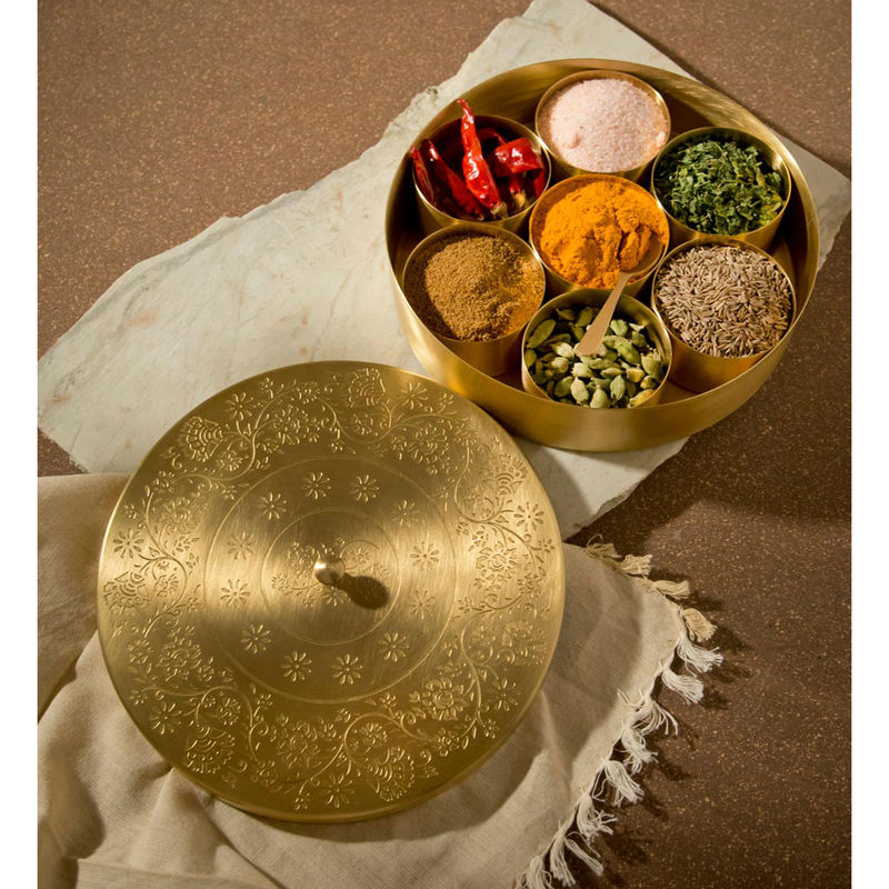 Buy Fabindia Brass Rasa Metal Etched Spice Box Gift Set Online
