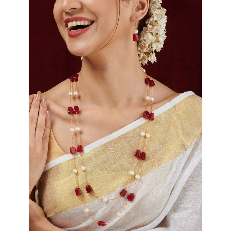 Buy Teejh Drashti Maroon Beaded Necklace Set Online