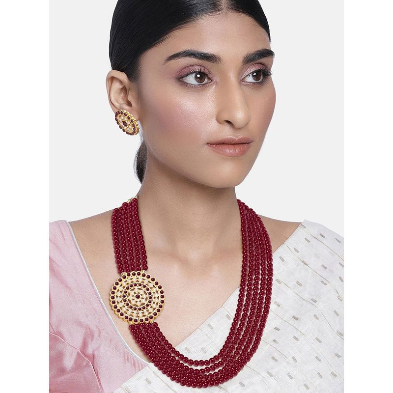 Buy Peora 5 Layer Maroon Faux Pearls and Kundan Studded Long Necklace ...