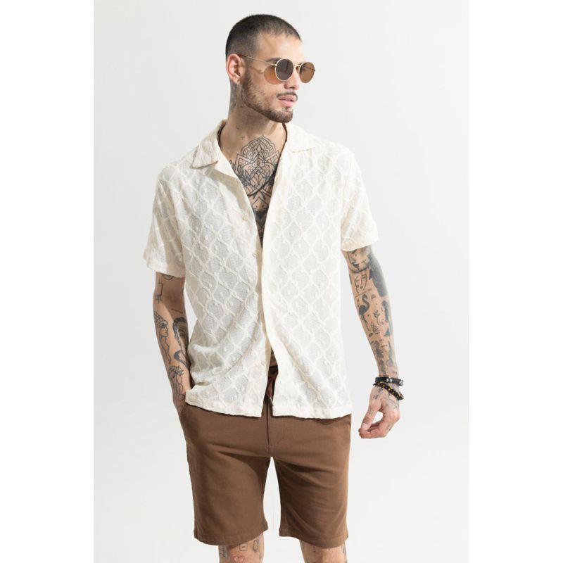 Buy Snitch Off White Textured Half Sleeves Boxy Casual Shirt for Men Online