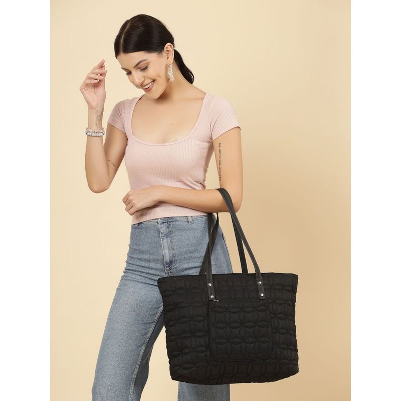 Buy Anekaant Uno Black Maple Leaf Quilted Polyester Tote Bag Online