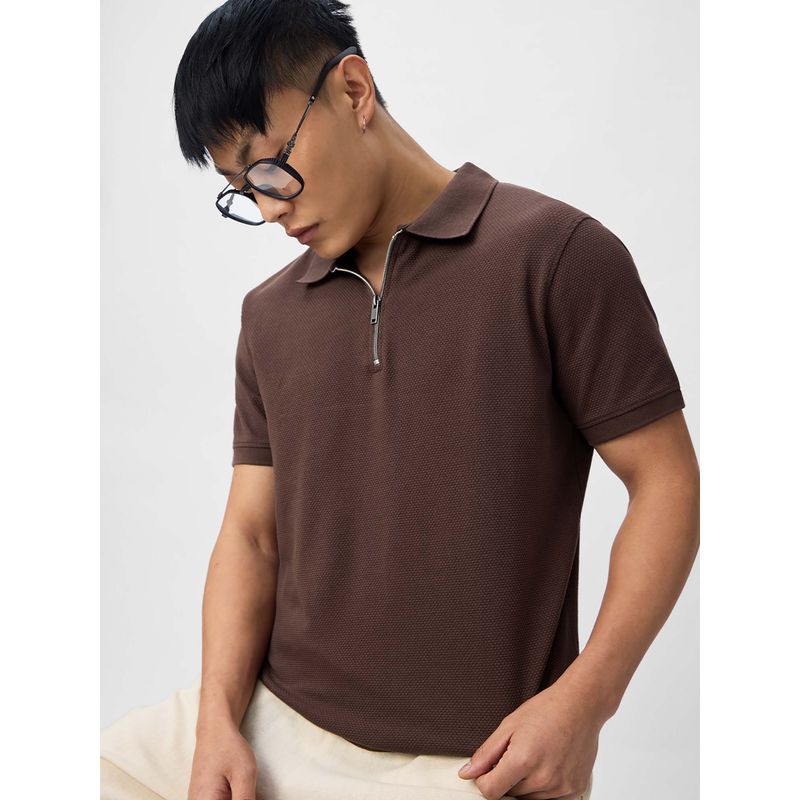 Buy The Souled Store Originals Textured: Mocha Men Zipper Polo T-Shirt ...
