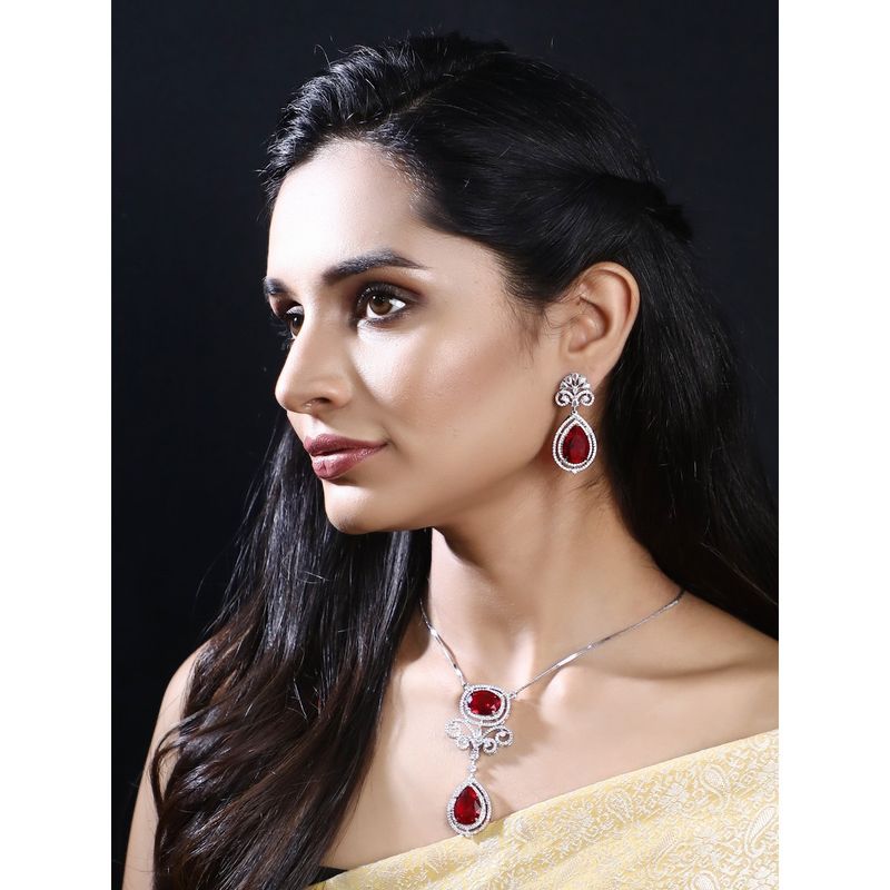 Buy Auraa Trends Rhodium Plated American Diamond Zircon Red Necklace