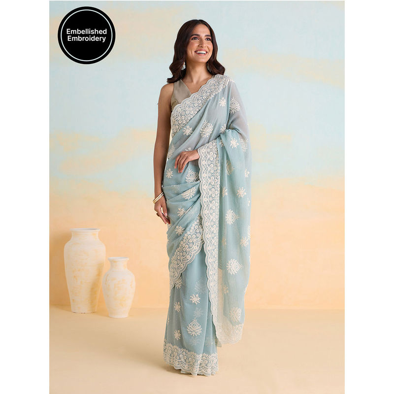 Buy Likha Embroidered and Embellished Ice Blue Saree with Unstitched ...