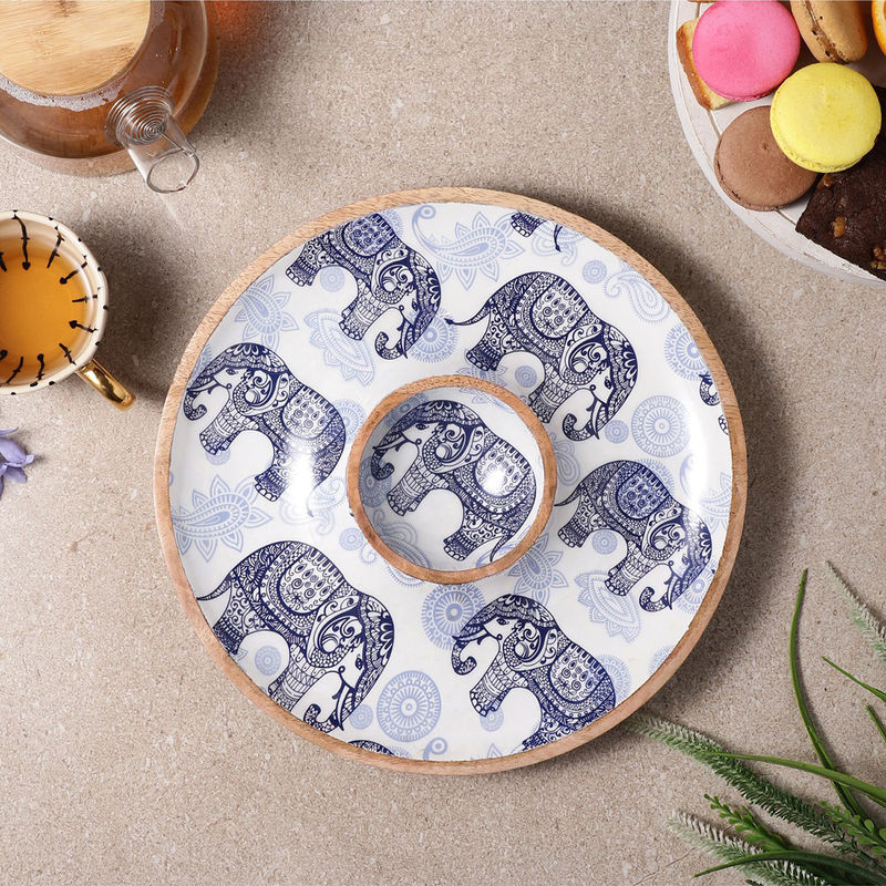 Buy The Decor Mart Wooden Platter with Dip Bowl Royal Elephant Online