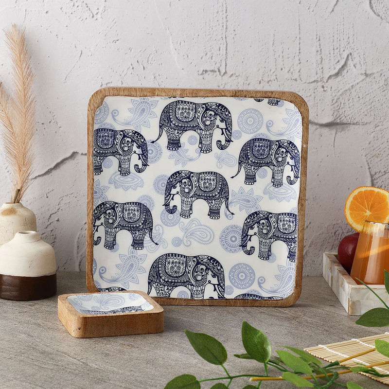 Buy The Decor Mart Wooden Square Platter with Dip Bowl Royal Elephant ...