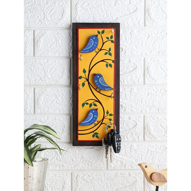Buy VarEesha Hand Painted Blue Bird Yellow Vertical Key Holder with ...