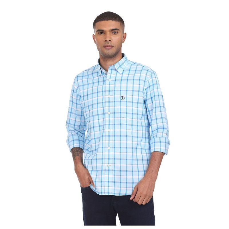 Buy U.S. POLO ASSN. Men Aqua Cotton Check Casual Shirt Online