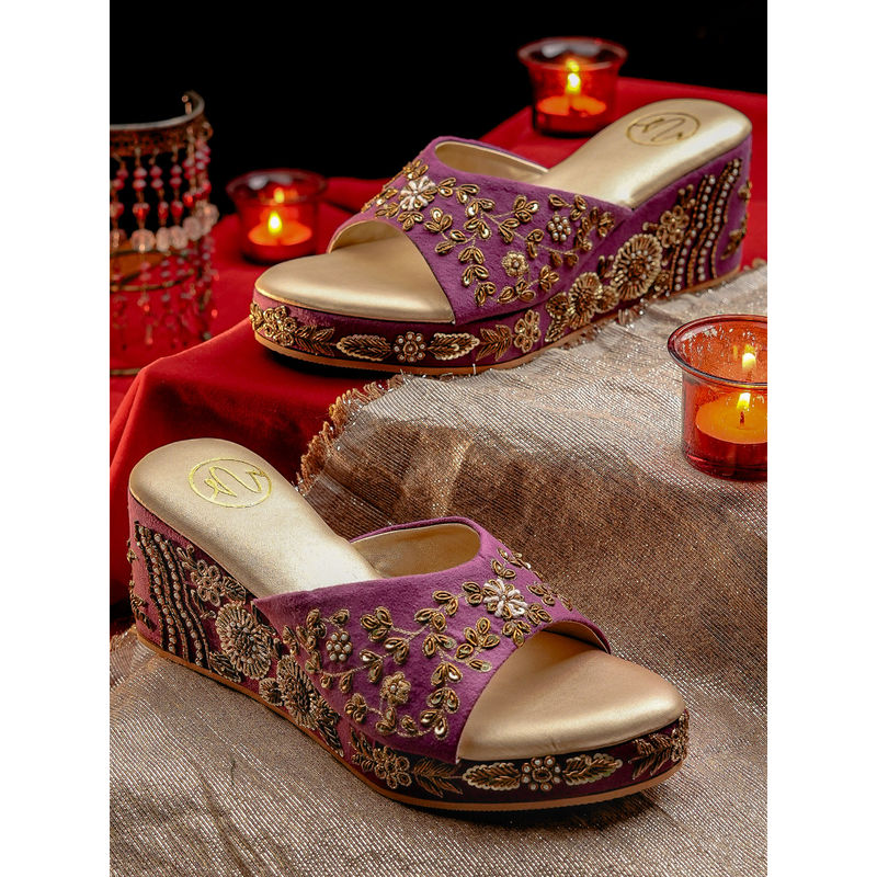 Buy NR BY NIDHI RATHI Womens Purple Embellished Velvet Wedge Heels Online