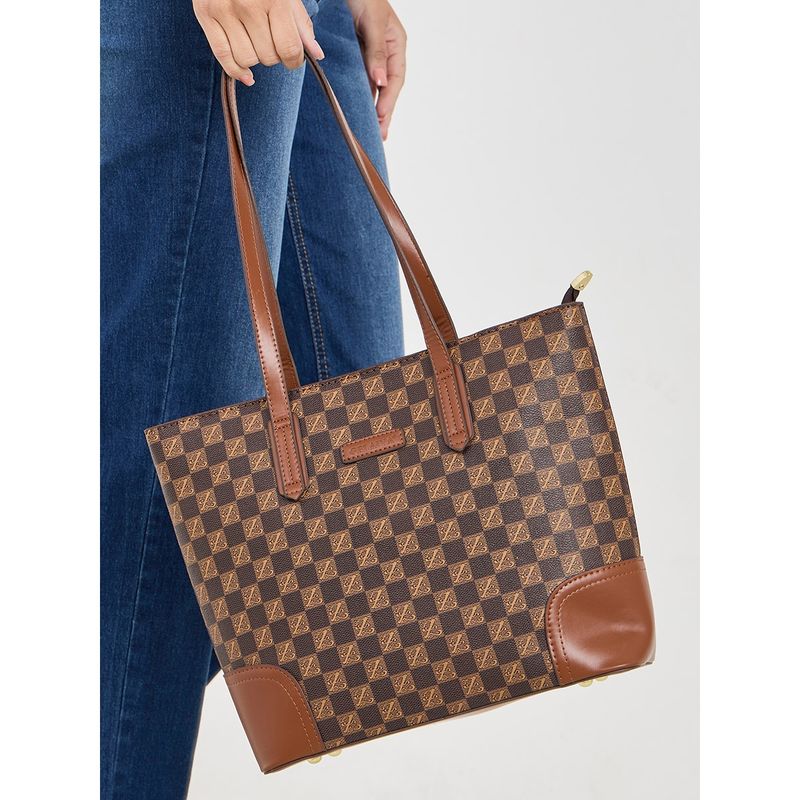 Buy Styli Womens Brown Pu Monogram Print Shoulder Bag Online