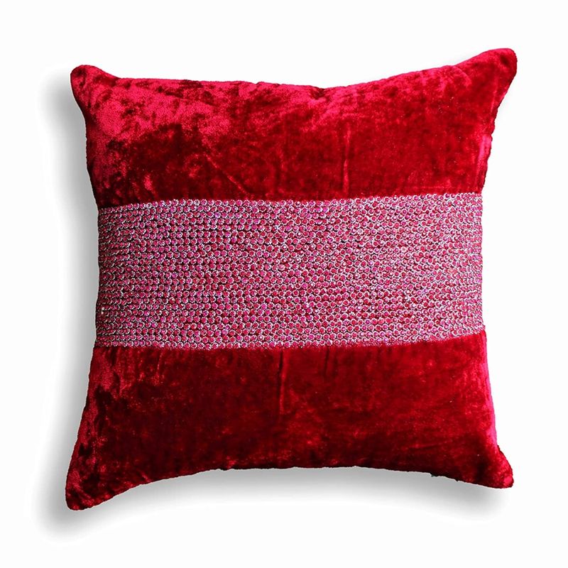 Buy SHADES OF LIFE Red Velvet Cushion Cover With Beads 16X16 Online