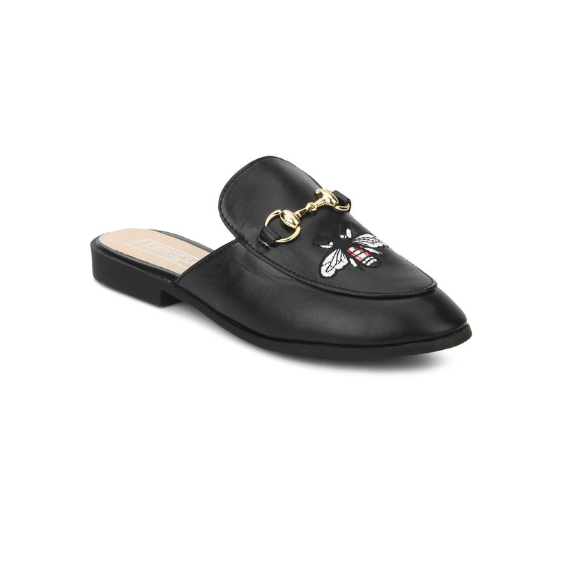 Buy Truffle Collection Black Pu Bee Detailed Open Back Flat Loafers Online