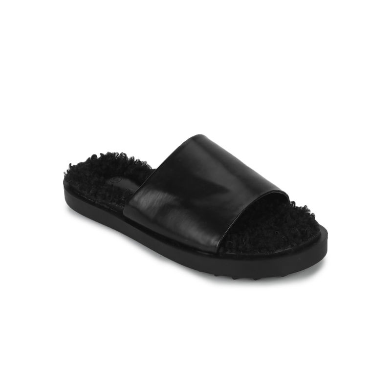 Buy Truffle Collection Black Pu Faux Fur Fuzzy Slip Ons Online