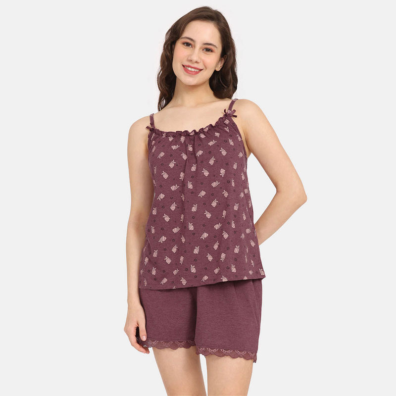 Buy Zivame Rosaline Joy Sticks Knit Cotton Top and Shorts - Merlot (Set ...