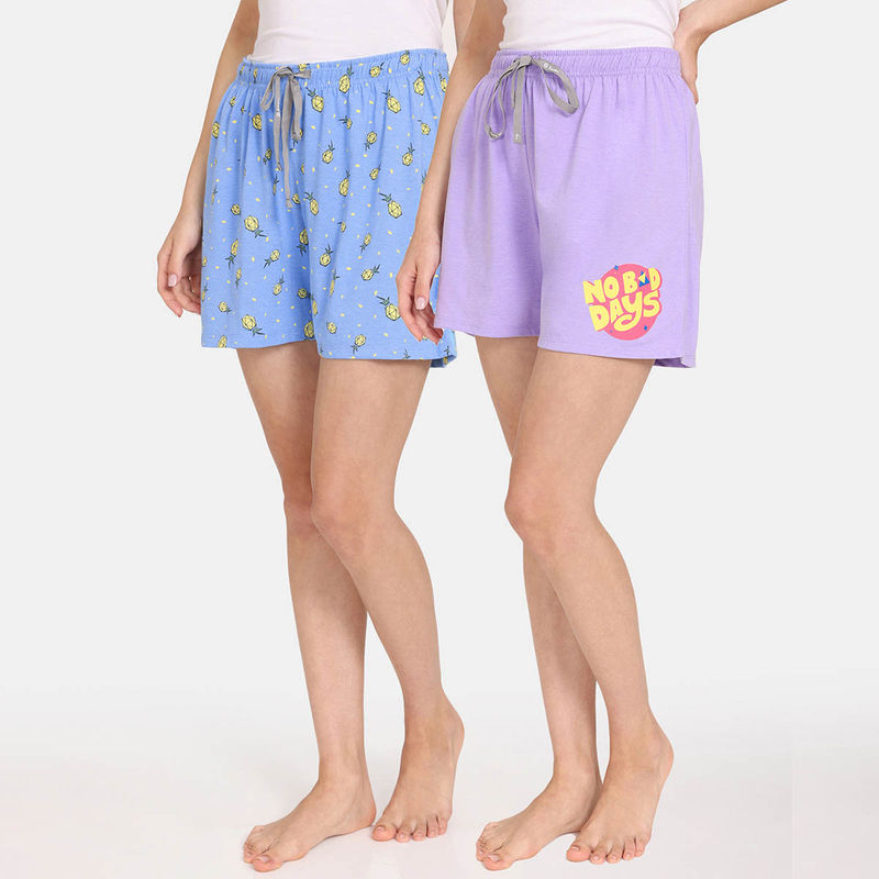 Buy Zivame Rosaline Joy Sticks Knit Cotton Shorts - Blue Purple (Pack ...