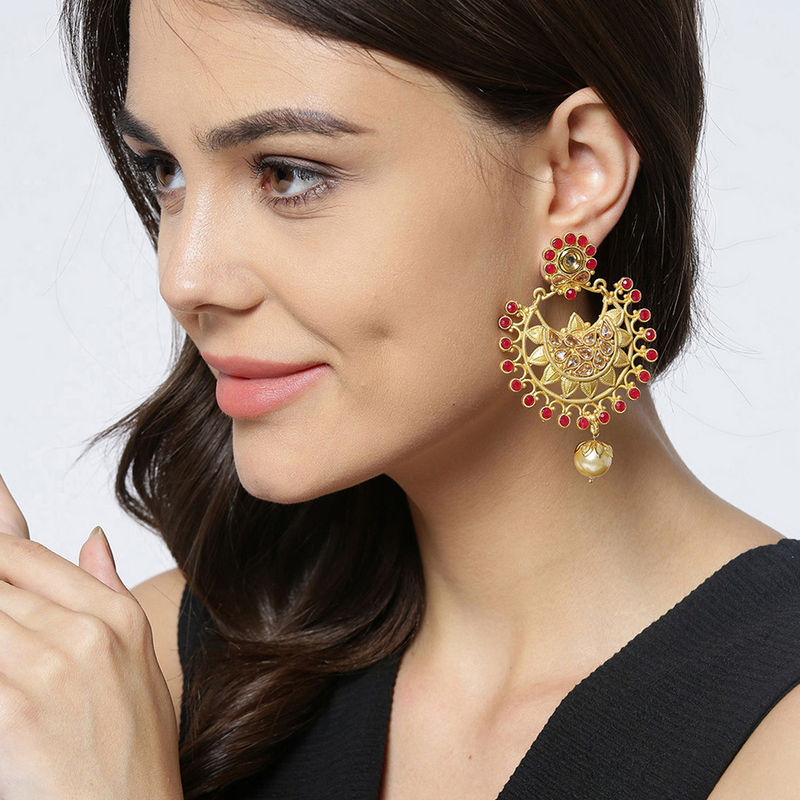 Buy PANASH Red Gold-Plated Handcrafted Crescent Shaped Chandbalis Online Buy PANASH Red Gold-Plated Handcrafted Crescent Shaped Chandbalis Online