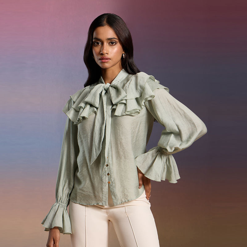 Buy RSVP by Nykaa Fashion Green Solid Bishop Sleeves Neck Tie Ruffled ...