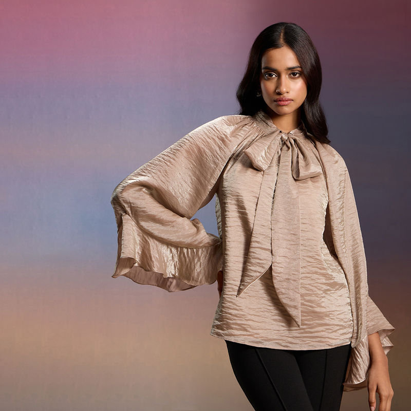 Buy RSVP by Nykaa Fashion Beige Shimmered V Neck Ruffled Blouson ...