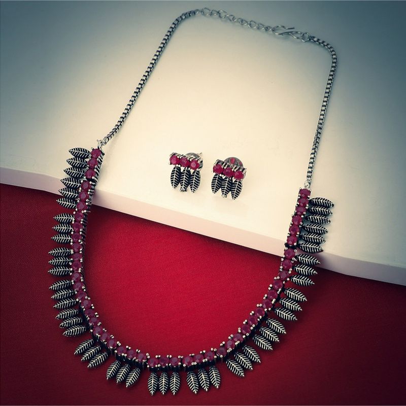 Buy Carlton London Silver-Plated Red CZ-Studded Oxidised Jewellery Set ...