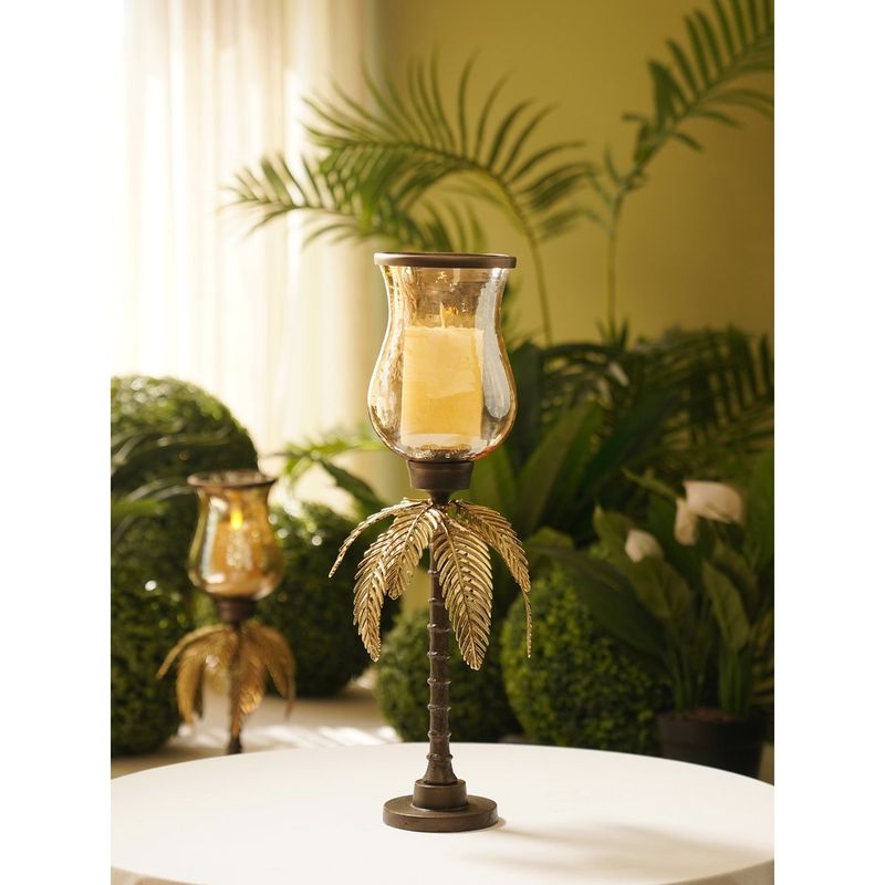 Buy Pure Home + Living Gold Antique Finish Palm Leaf Glass Hurricane Online