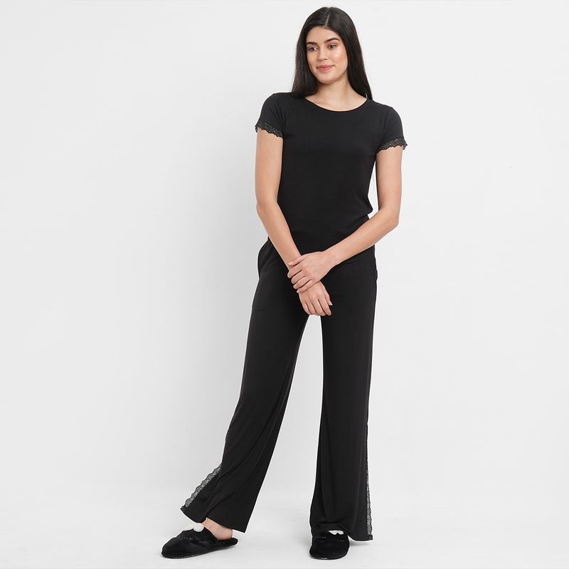 Buy Sweet Dreams Women Modal Spandex Solid Pyjama Set - Black (Set of 2 ...