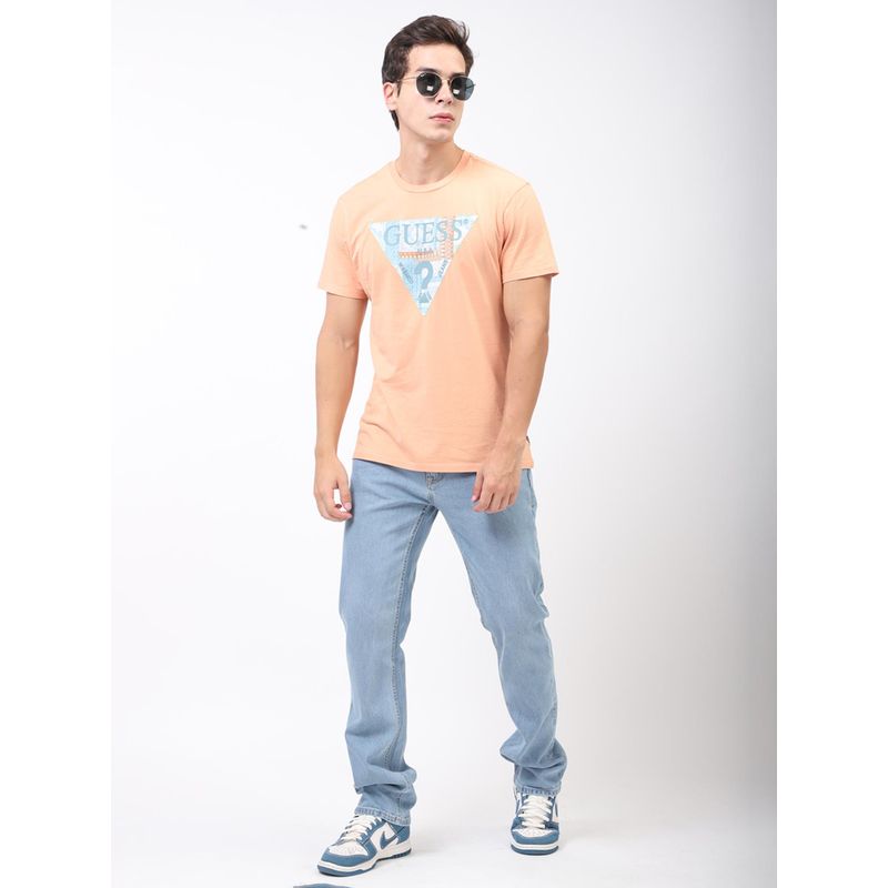 Buy Guess Men Peach Printed Round Neck Short Sleeves T-Shirt Online