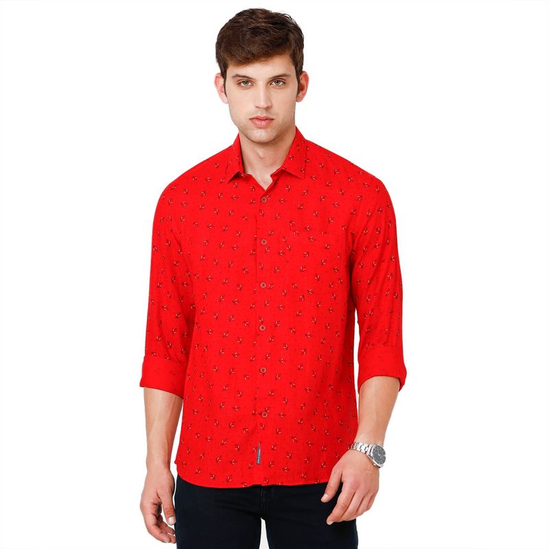 Buy Linen Club Men's Pure Linen Red Printed Regular Fit Full Sleeve Casual Shirt Online