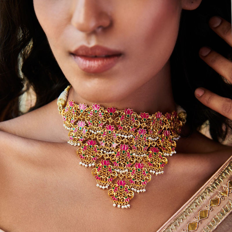 Buy ZARIIN 22KT Gold Dipped in Pink Enamel Rani Lotus Choker Necklace ...