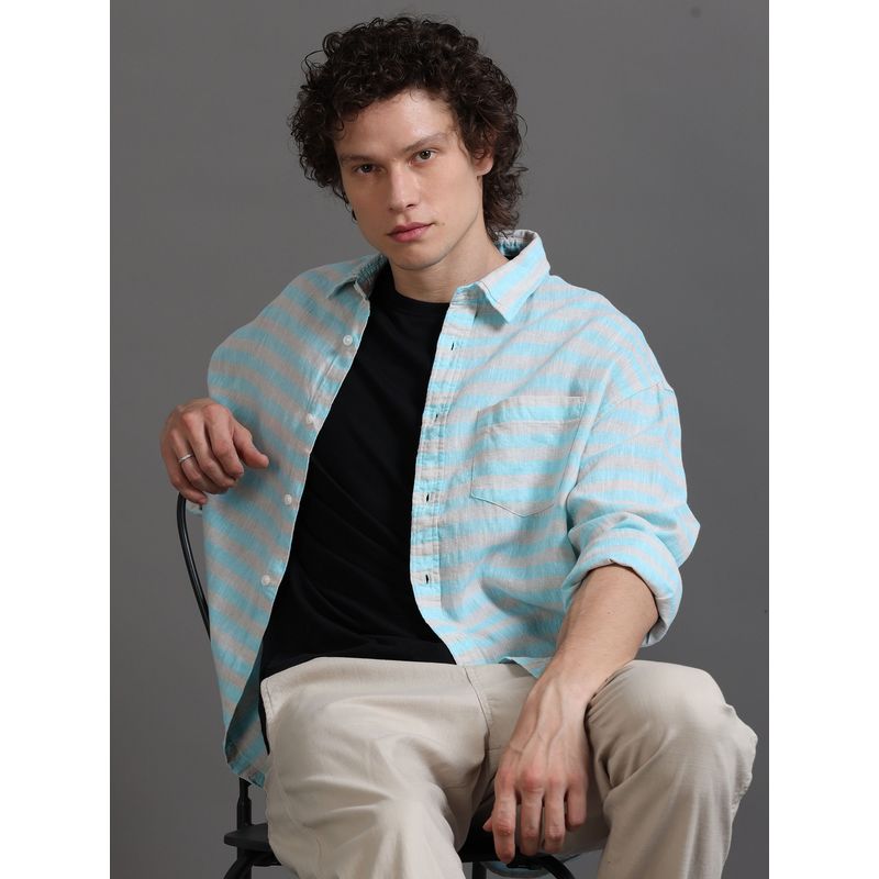 Buy SILISOUL Men Turquoise Blue Relaxed Fit Striped Linen Blend Shirt ...