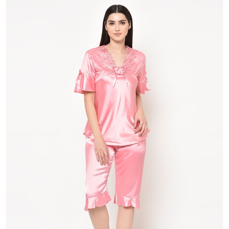Da Intimo Satin Self Design Top & Pyjama set -Pink: Buy Da Intimo Satin ...