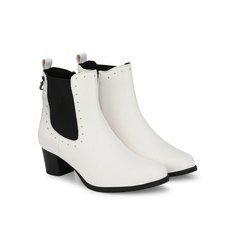Buy Delize White Solid Women Mid Heel Ankle Boots With Rivet Detail Online