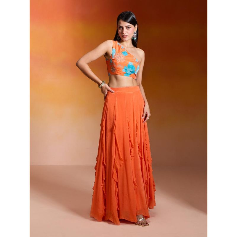 Buy Gajra Gang Orange Ruffle Lehenga with Floral Printed and ...