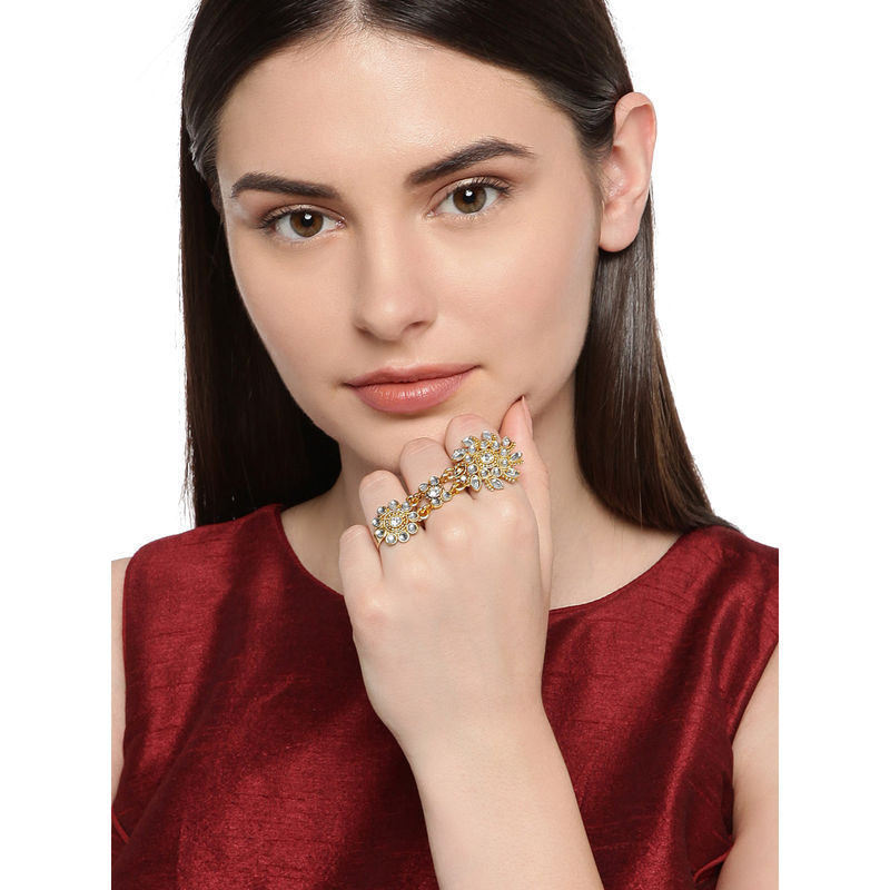 Buy Zaveri Pearls Antique Gold Tone Floral Kundan Dual Finger Ring ...
