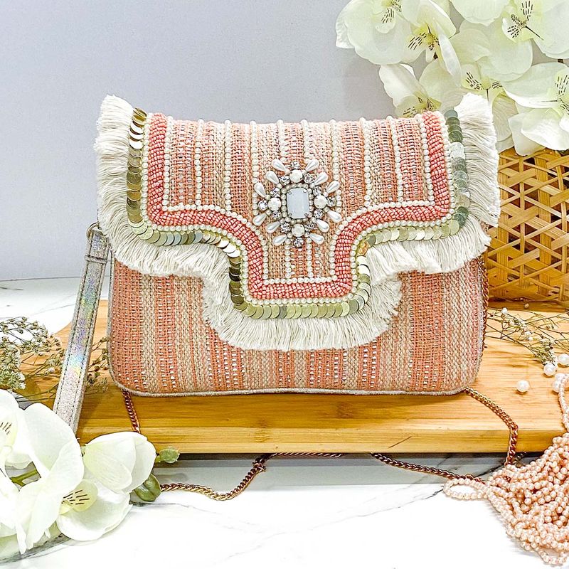 Buy PRAVO Pearl Pastel Peach Embellished Purse Online