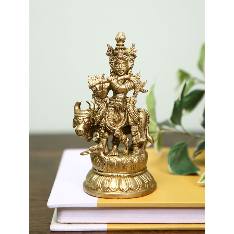 Buy HomeTown Tirth Brass Krishna with Cow Figurine 5X11Cm In Gold ...