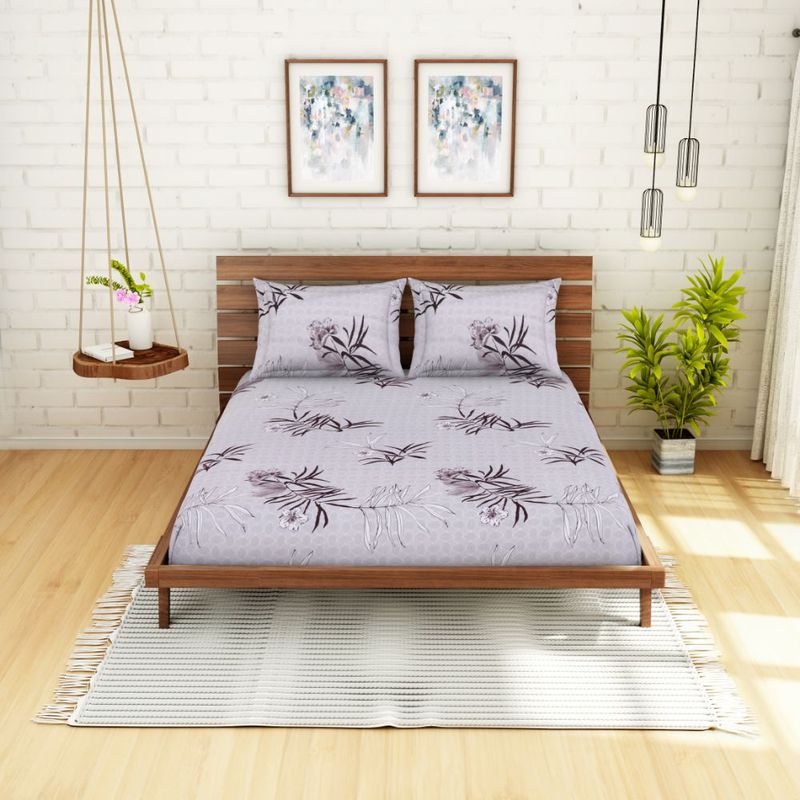 Buy Spaces Lapiazza Grey Floral Polyester 130 Gsm 1 Queen Bedsheet With ...