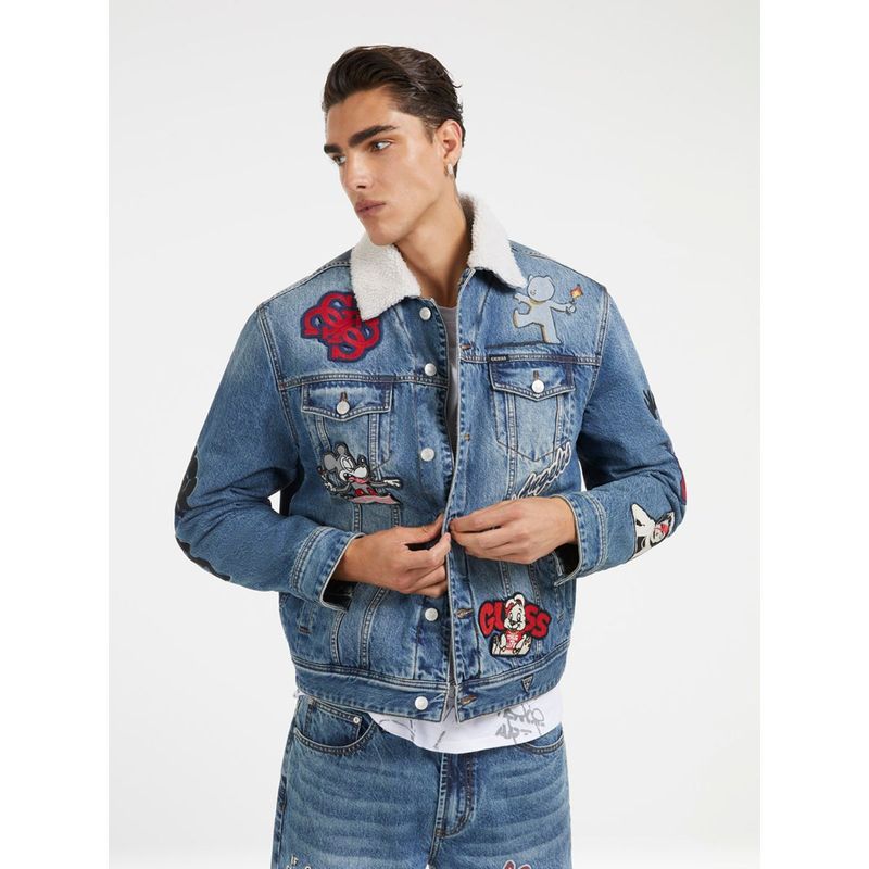 Buy Guess Blue Pure Cotton Printed Denim Jacket Online